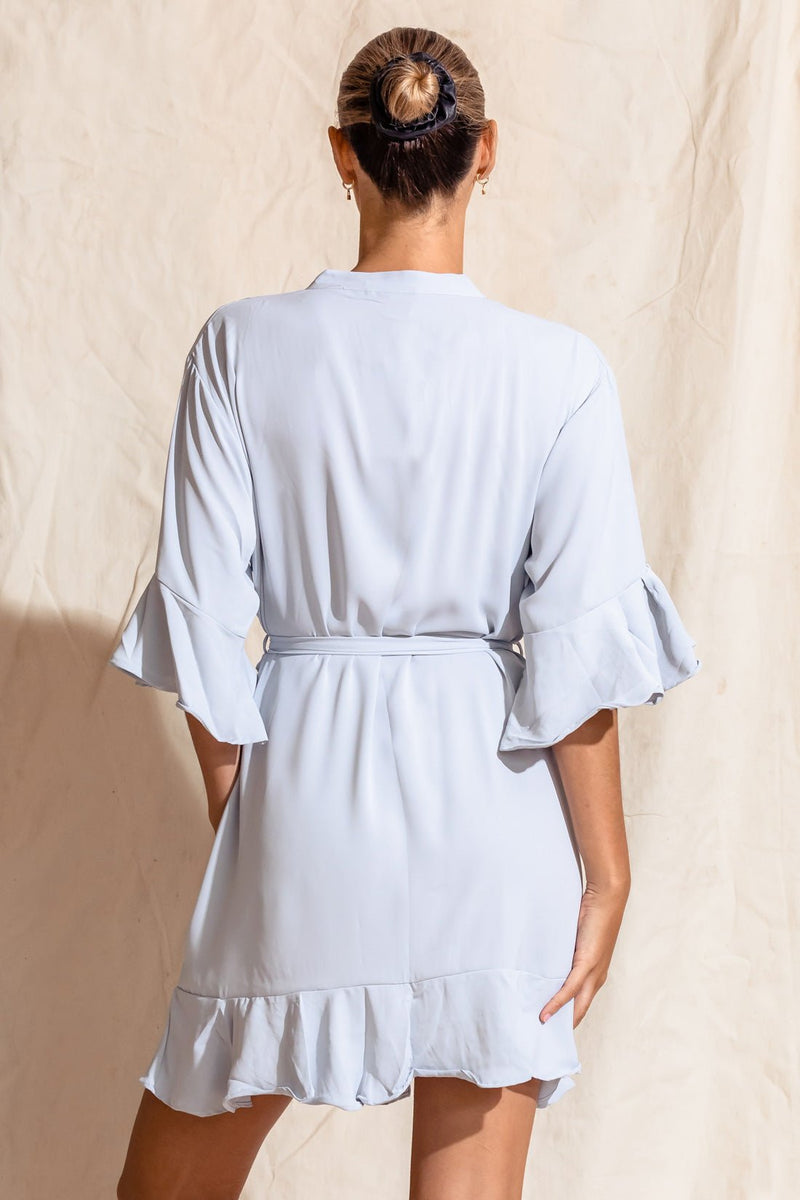 Liv Light Blue Matte Cotton Ruffle Robe Bridesmaid Embroidered