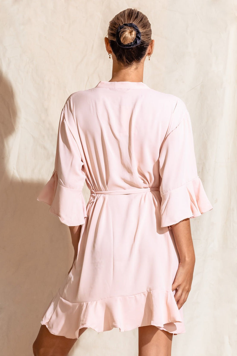 Liv Blush Matte Cotton Ruffle Robe | Bridesmaid Embroidered