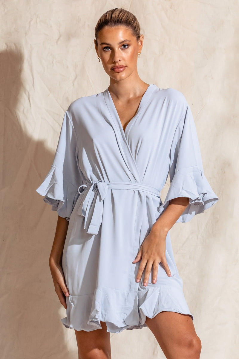 Liv Light Blue Matte Cotton Ruffle Robe | Bridesmaid Embroidered