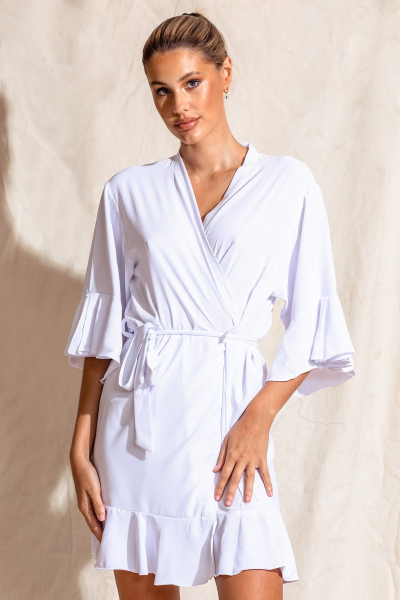 Liv White Matte Cotton Ruffle Robe | Bridesmaid Embroidered