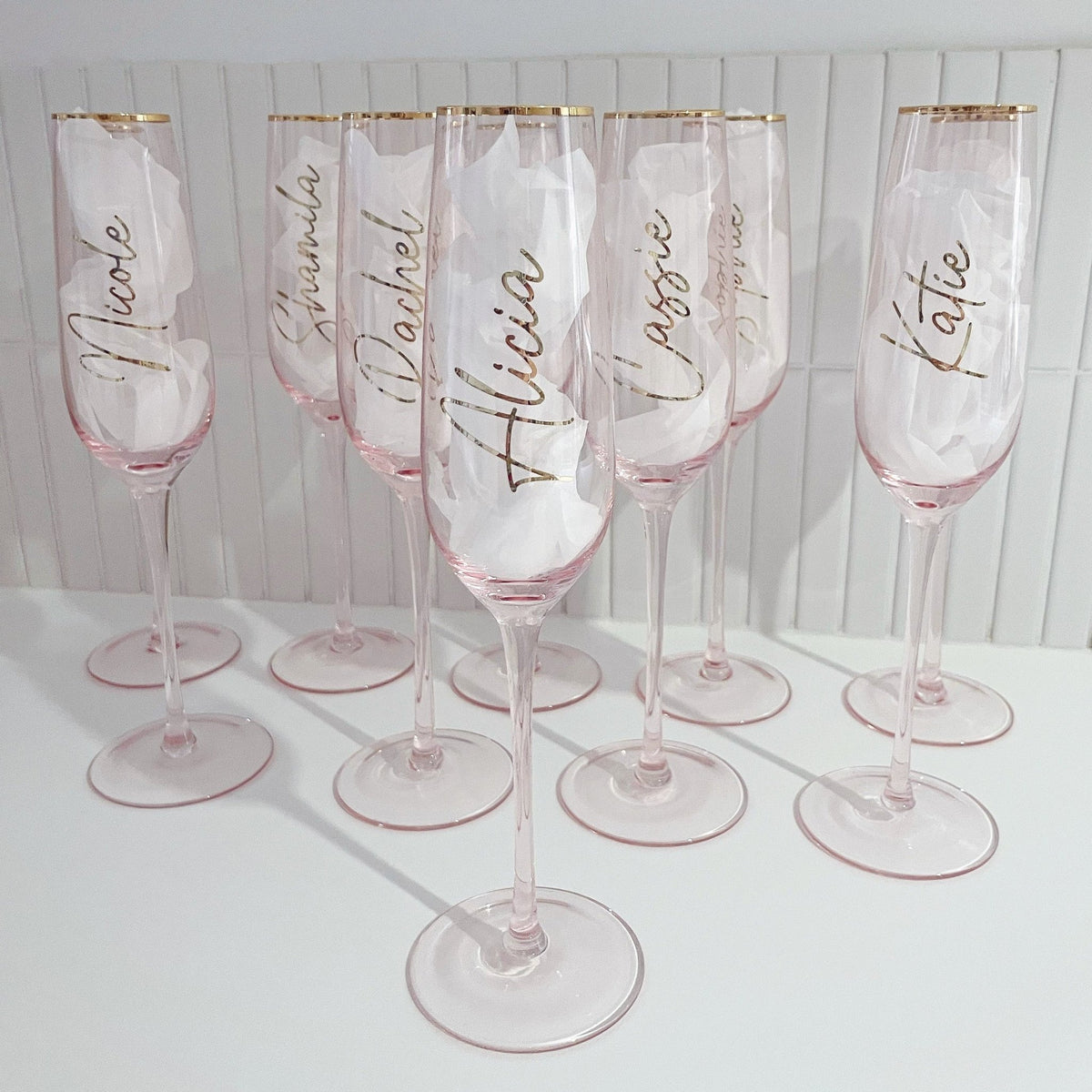 Gold Rim Pink Tinted Champagne Flute | Bridesmaid Boxes